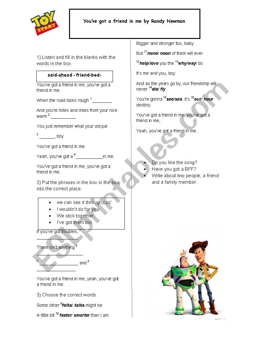 You´ve got a friend in me by Randy Newman - ESL worksheet by sunshinem