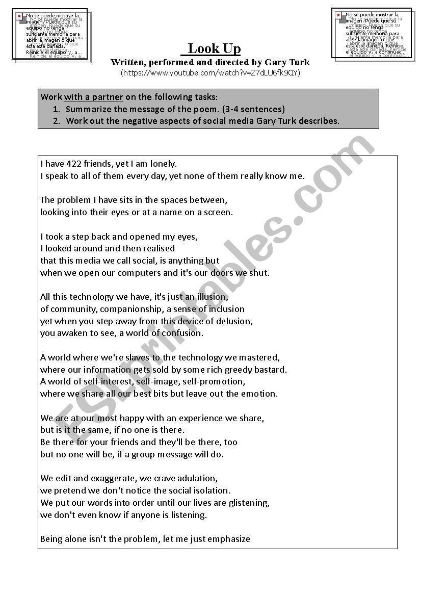 Analyzing a video/poem: Gary Turk´s "Look Up" - ESL worksheet by ESL ...