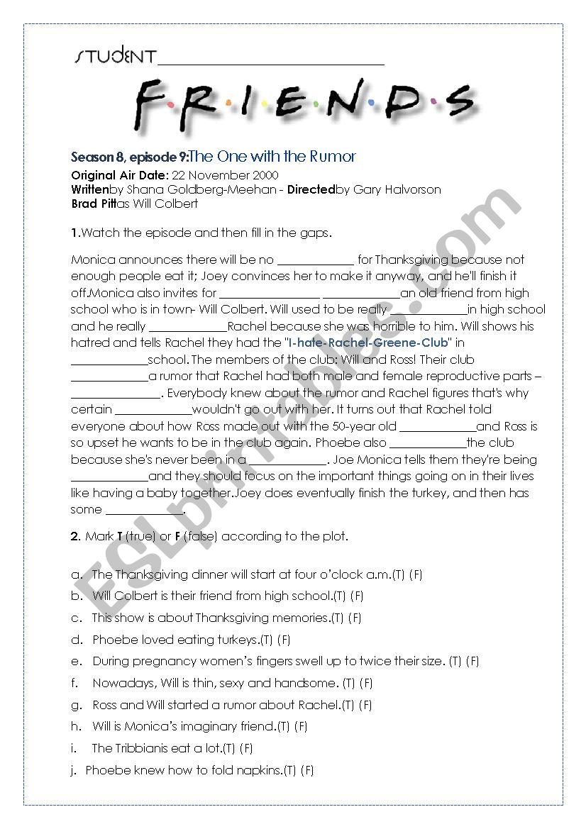 Friend´s Show Activity - Season 8: 9 - The one With the Rumor - ESL ...