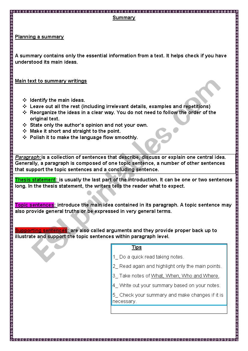 Summary Writing Esl Worksheet By Nurjis Beginning Middle End And 