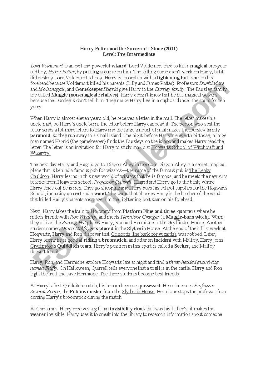 Harry Potter and the Sorcerer´s Stone Vocabulary and Synopsis - ESL ...