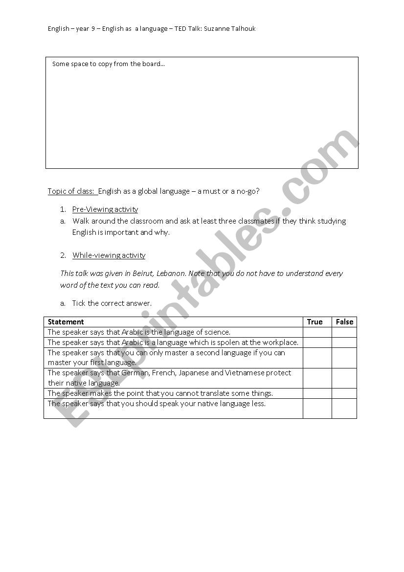 TED-Talk Suzanne Talhouk: Don´t kill your language - ESL worksheet by ...