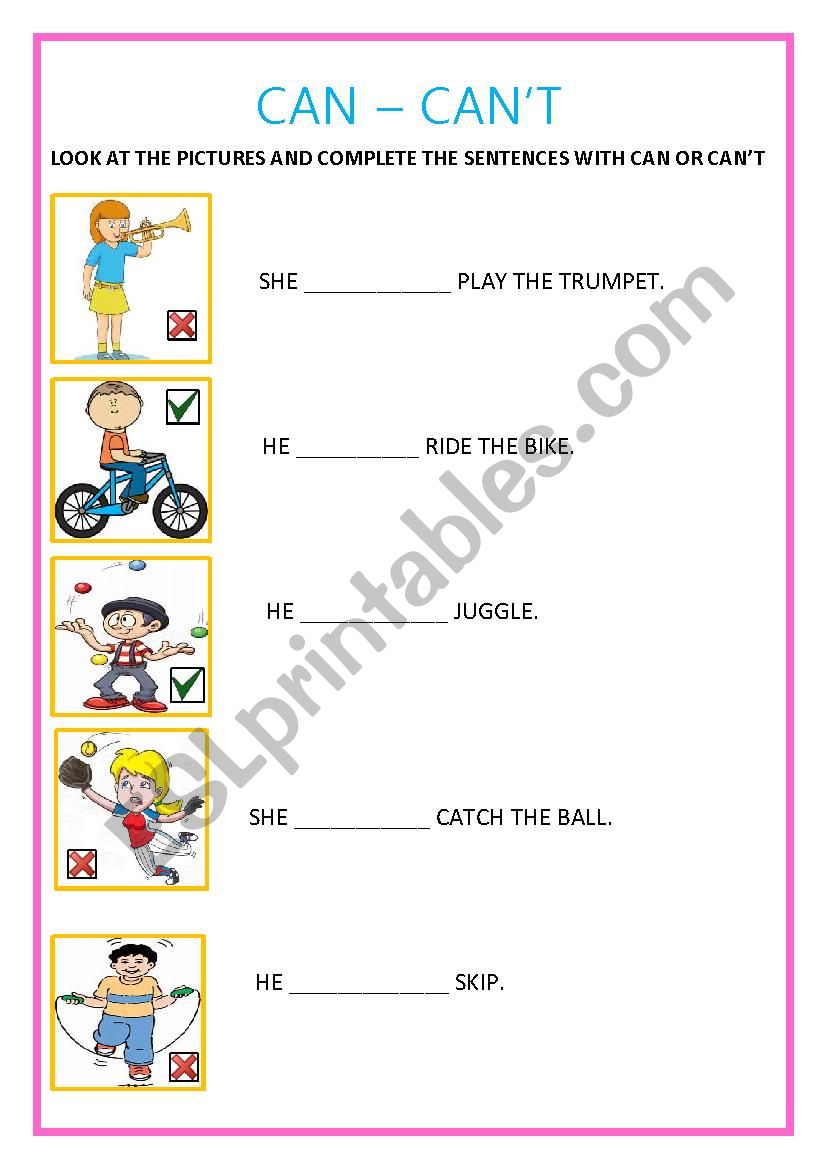 Complete the senteces with can or can´t - ESL worksheet by Lorena Villalba