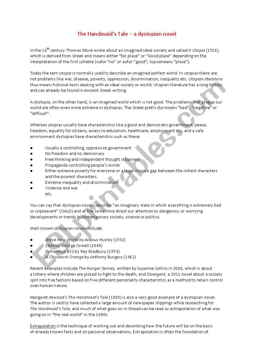 The Handmaid´s Tale - a dystopian novel - ESL worksheet by Alme und Leander