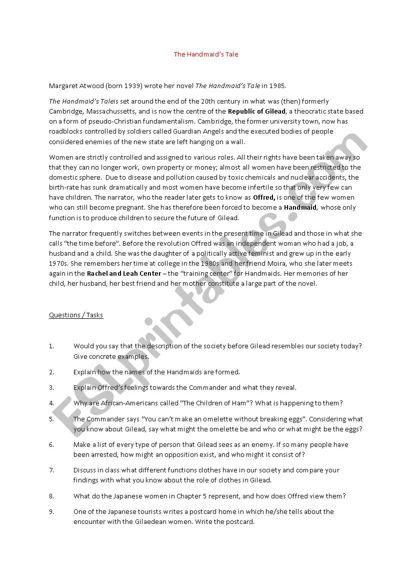 The Handmaid´s Tale - ESL worksheet by Alme und Leander