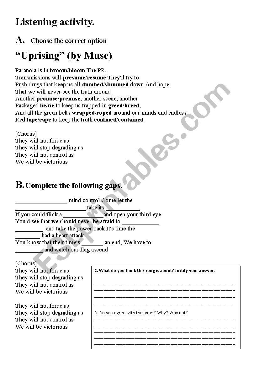 Uprising - muse´s song - listening activity - ESL worksheet by jpais