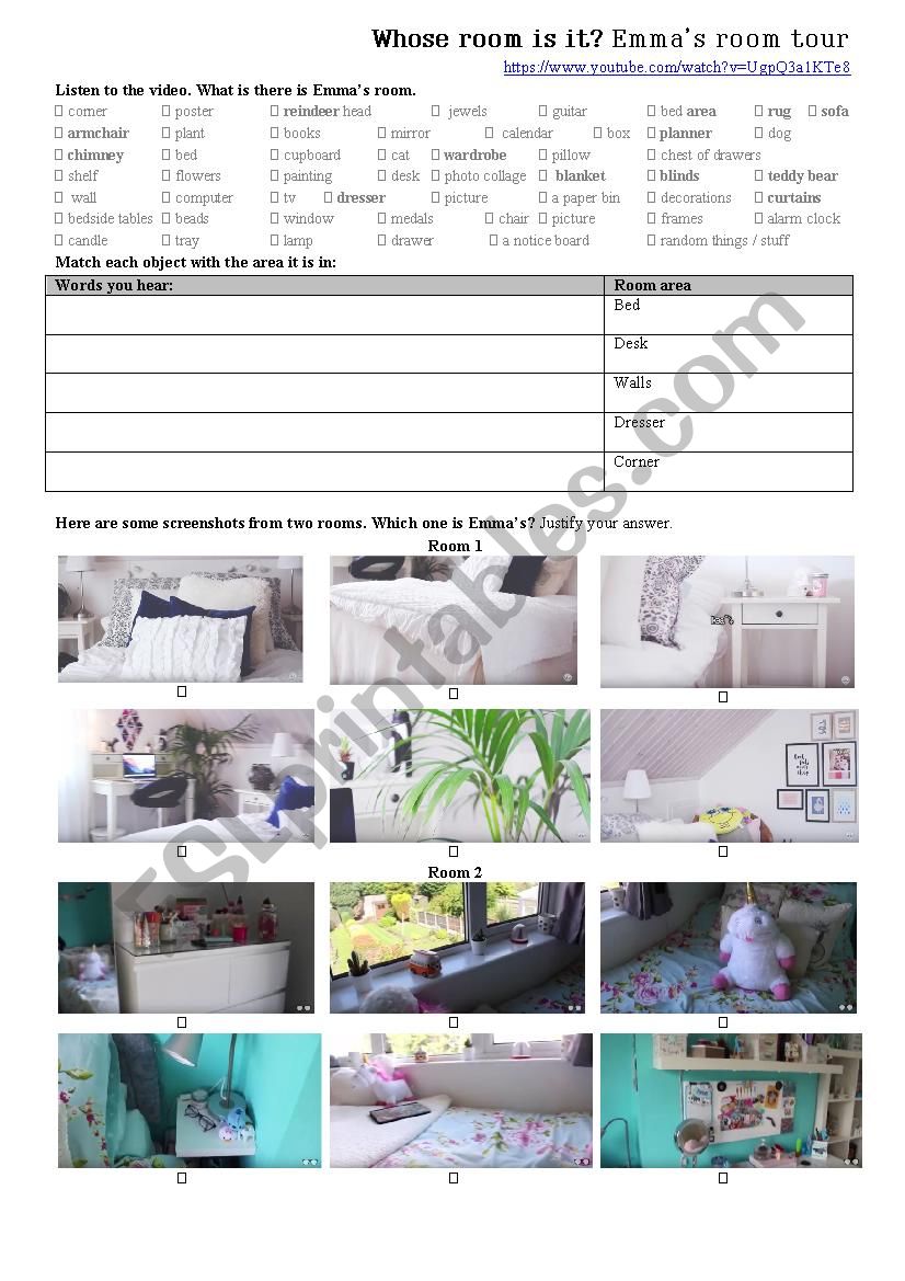 Whose room is it? (Emma´s room tour) - ESL worksheet by sadie06