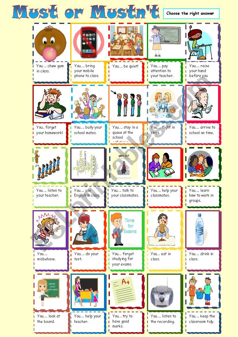 Classroom Rules with must or mustn´t - ESL worksheet by jfaraujo