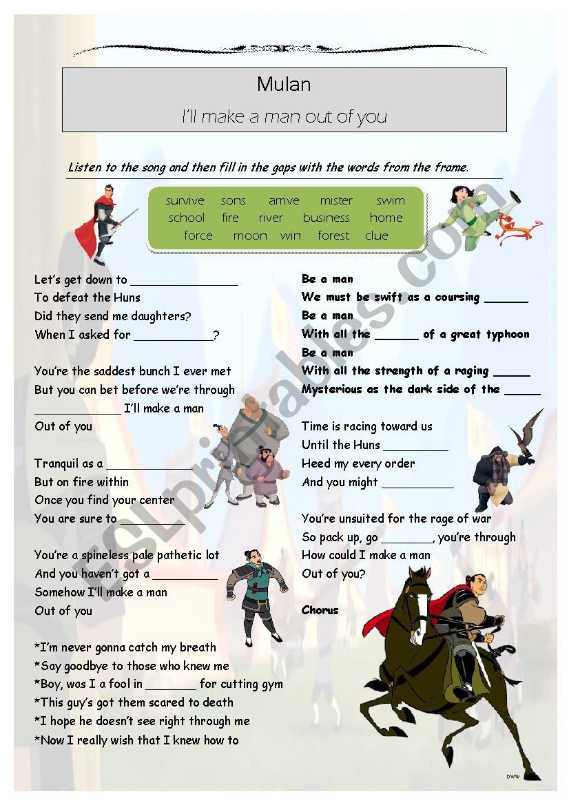 Mulan - IÂ´ll make a man out of you - ESL worksheet by TTmiza