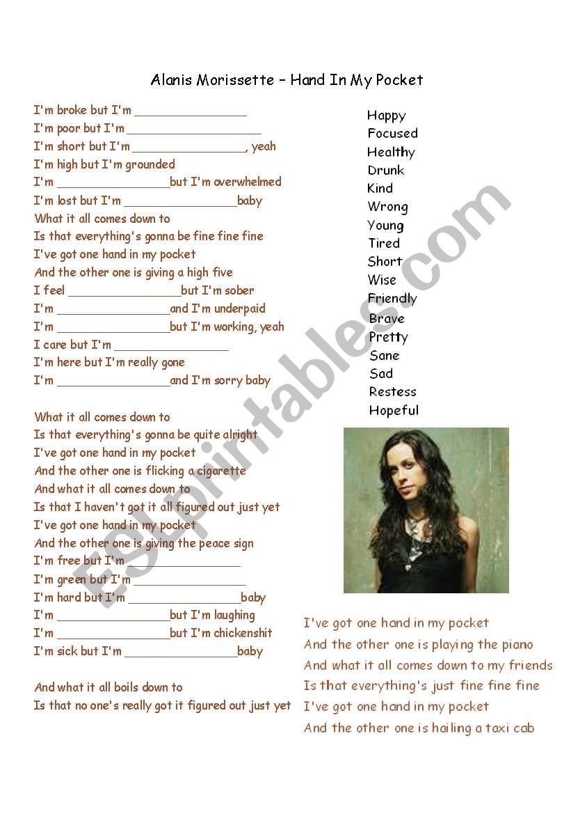 Alanis Morissette – Hand In My Pocket - ESL worksheet by xcelair8