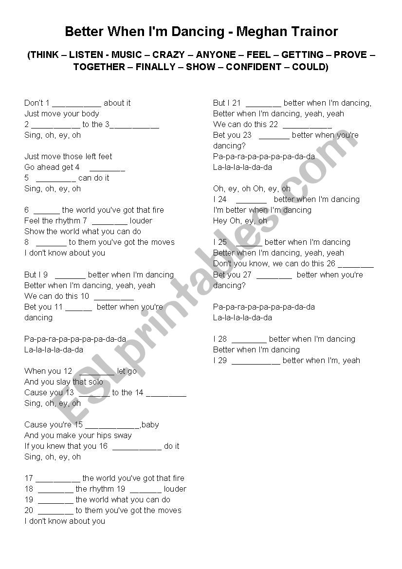 Better when I´m dancing - Meghan Trainor - ESL worksheet by teacherfer
