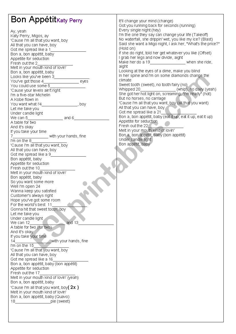 Bon Appétit Katy Perry - ESL worksheet by HELENAMARGARIDA