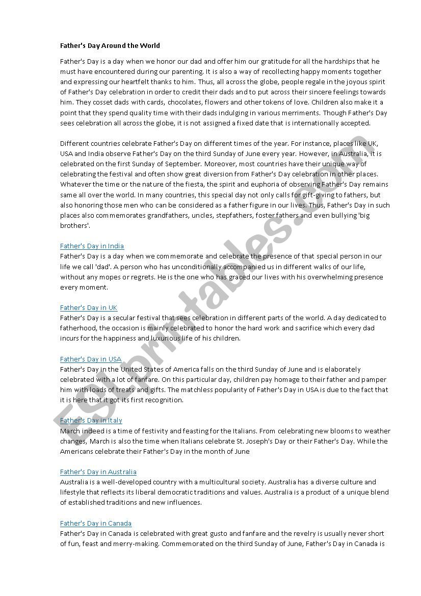 Father´s Day Around The World - ESL worksheet by KasturiSekar91