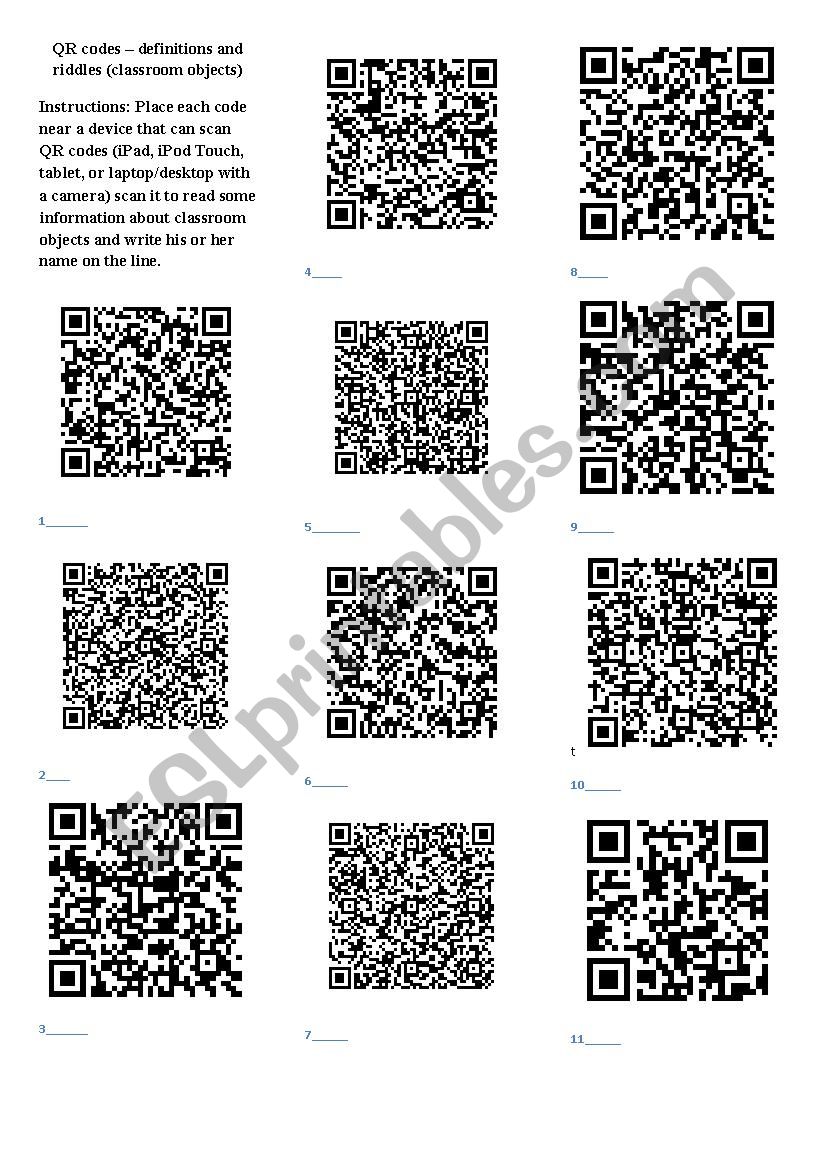 QR codes – definitions and riddles (classroom objects) - ESL worksheet by lipska73