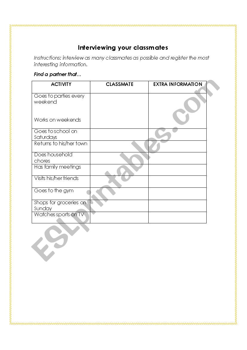 Interviewing your classmates about weekends - ESL worksheet by ... Interviewing your classmates about weekends - ESL worksheet by ...