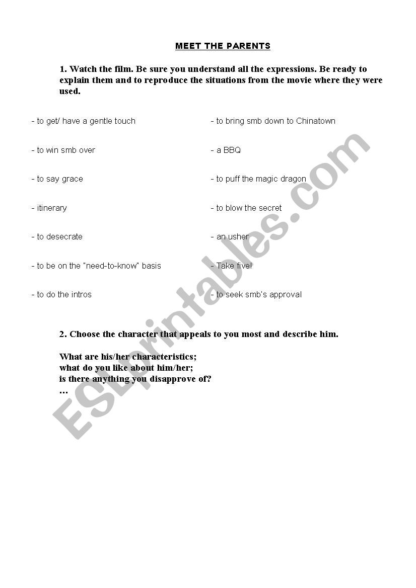 Tasl for the movie ´Meet the Parents´ - ESL worksheet by oxychuchuka