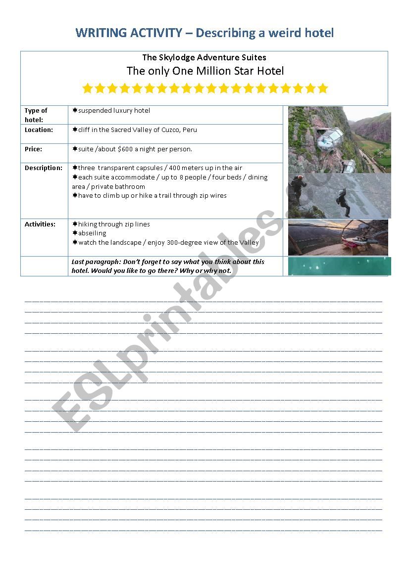 WRITING ACTIVITY – Describing a weird hotel - ESL worksheet by sandramaisa