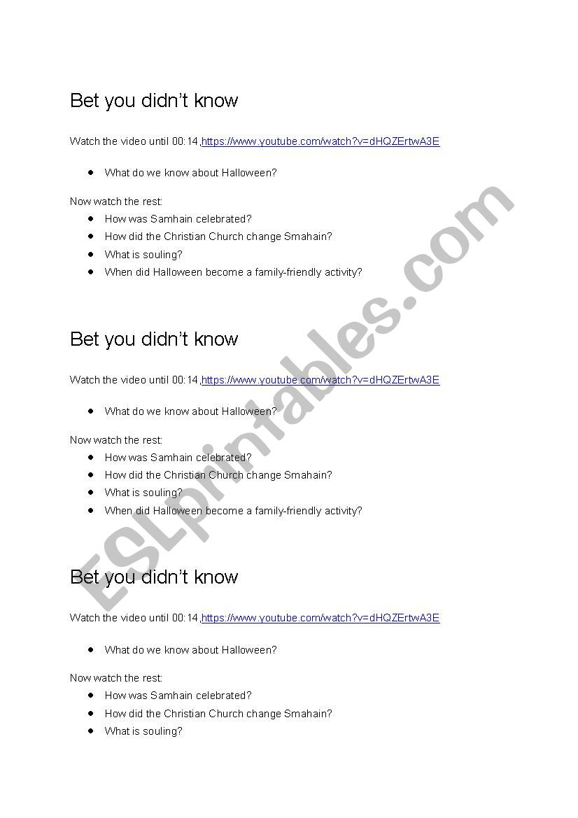 Bet you didn´t know, Halloween - ESL worksheet by esuarezguillen Bet you didn´t know, Halloween - ESL worksheet by esuarezguillen