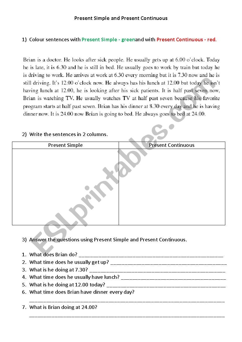 Present Simple & Present Continuous TEXT - ESL worksheet by TreeofLight Present Simple & Present Continuous TEXT - ESL worksheet by TreeofLight
