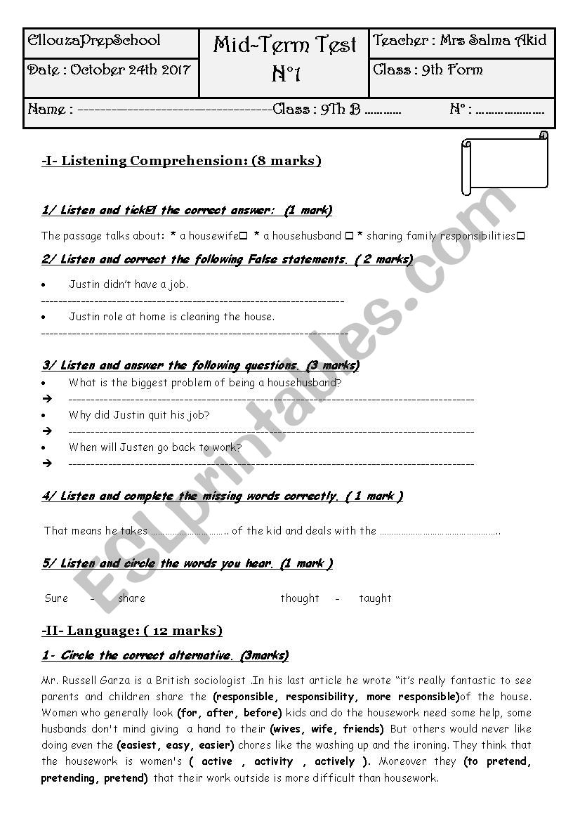 mid semester test N°1 9th form - ESL worksheet by salma akid