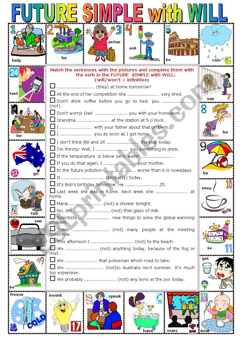 FUTURE SIMPLE with WILL - Pictionary + Exercises + KEY + teacher´s ...