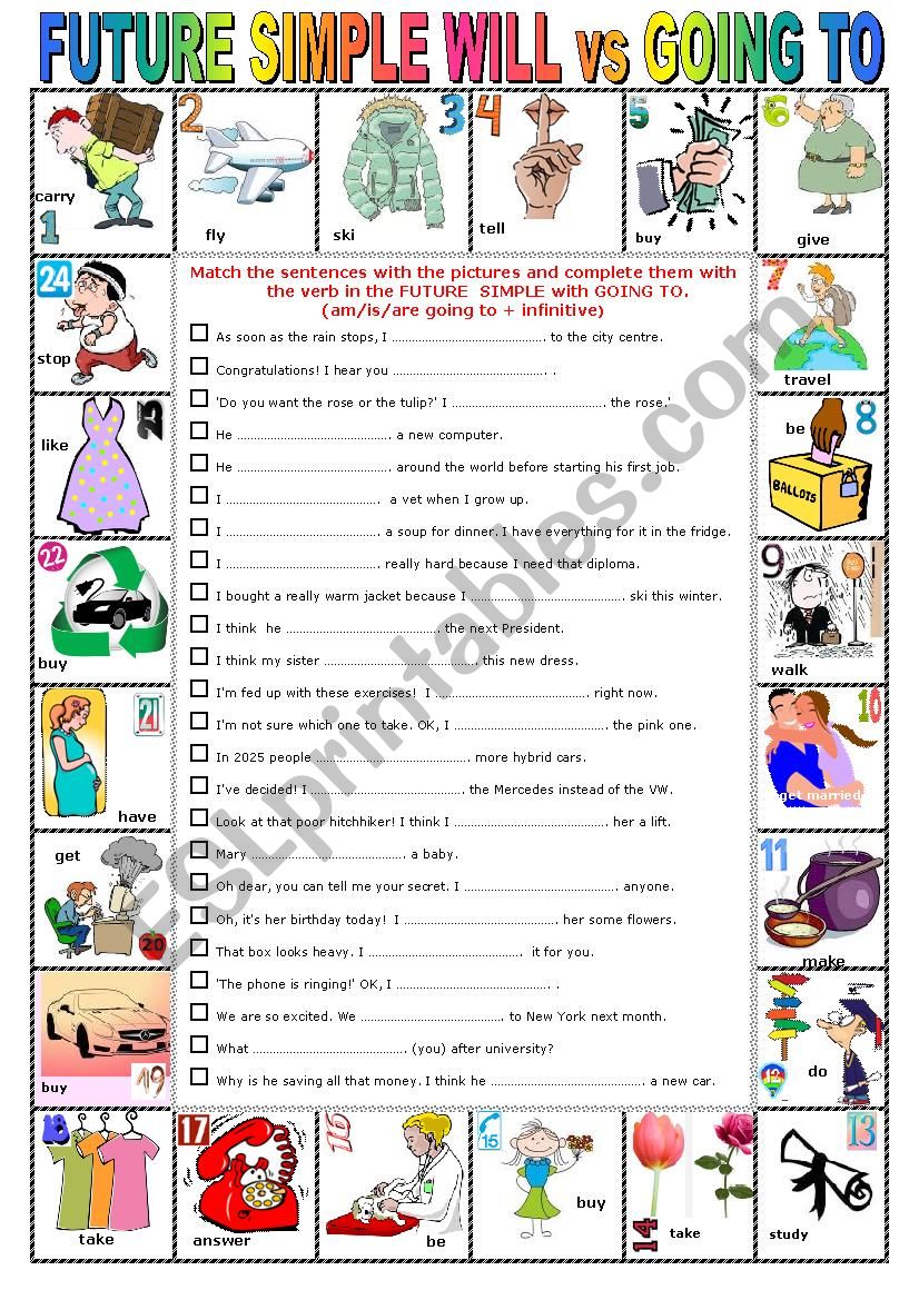 FUTURE SIMPLE WILL vs GOING TO - Pictionary + Exercises + KEY + teacher´s extras - ESL worksheet ...