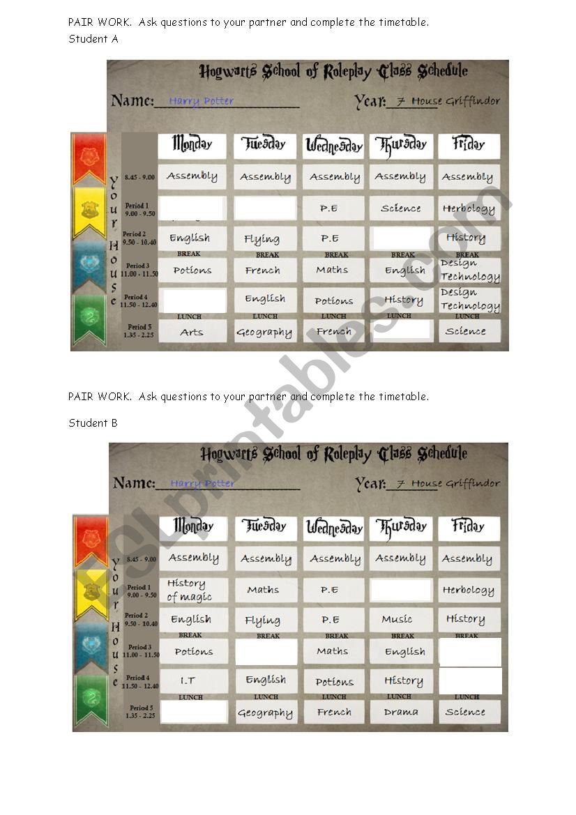 PAIR WORK - Harry potter´s timetable - ESL worksheet by Aurora S