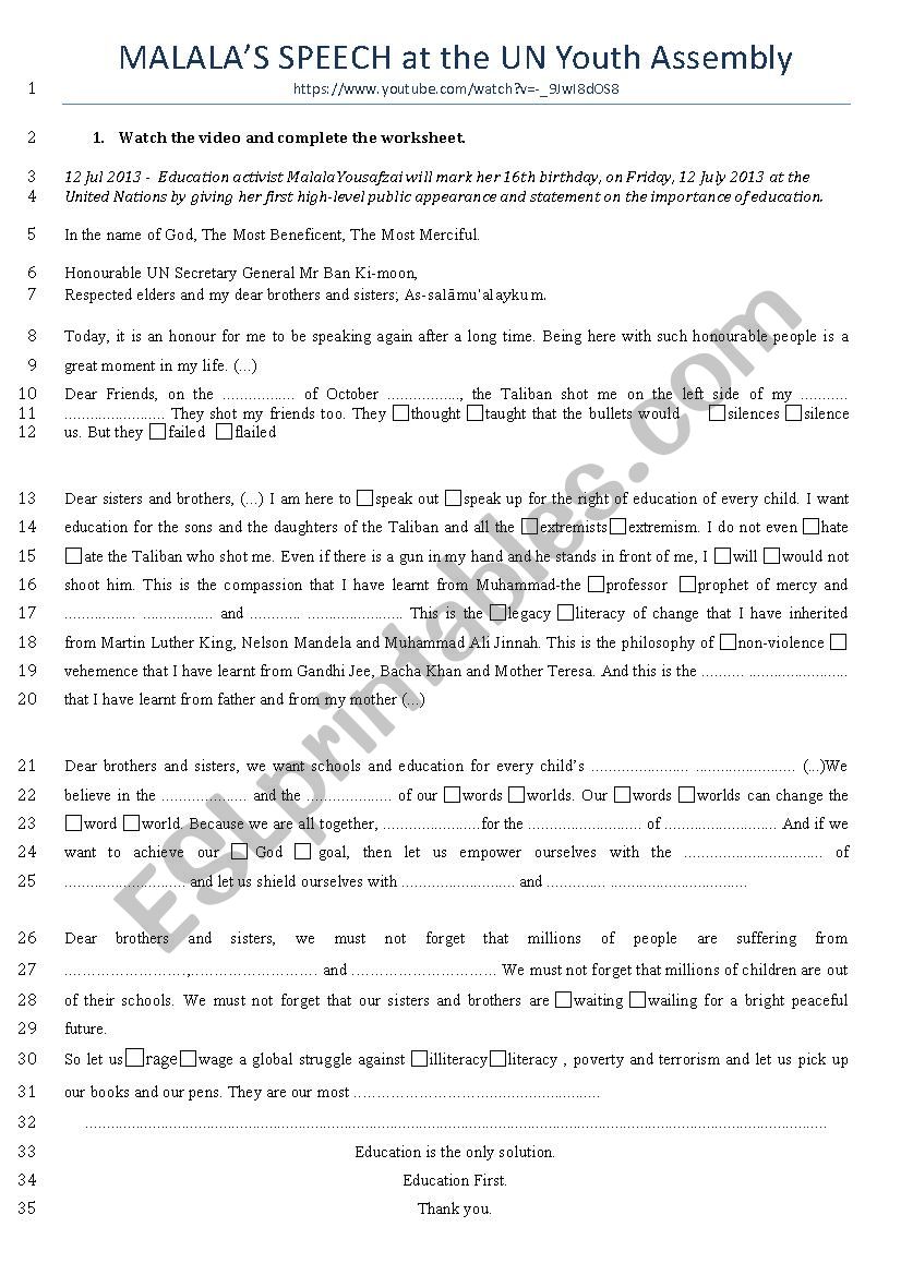 Malala´s Speech at the UN Conference - ESL worksheet by patoo