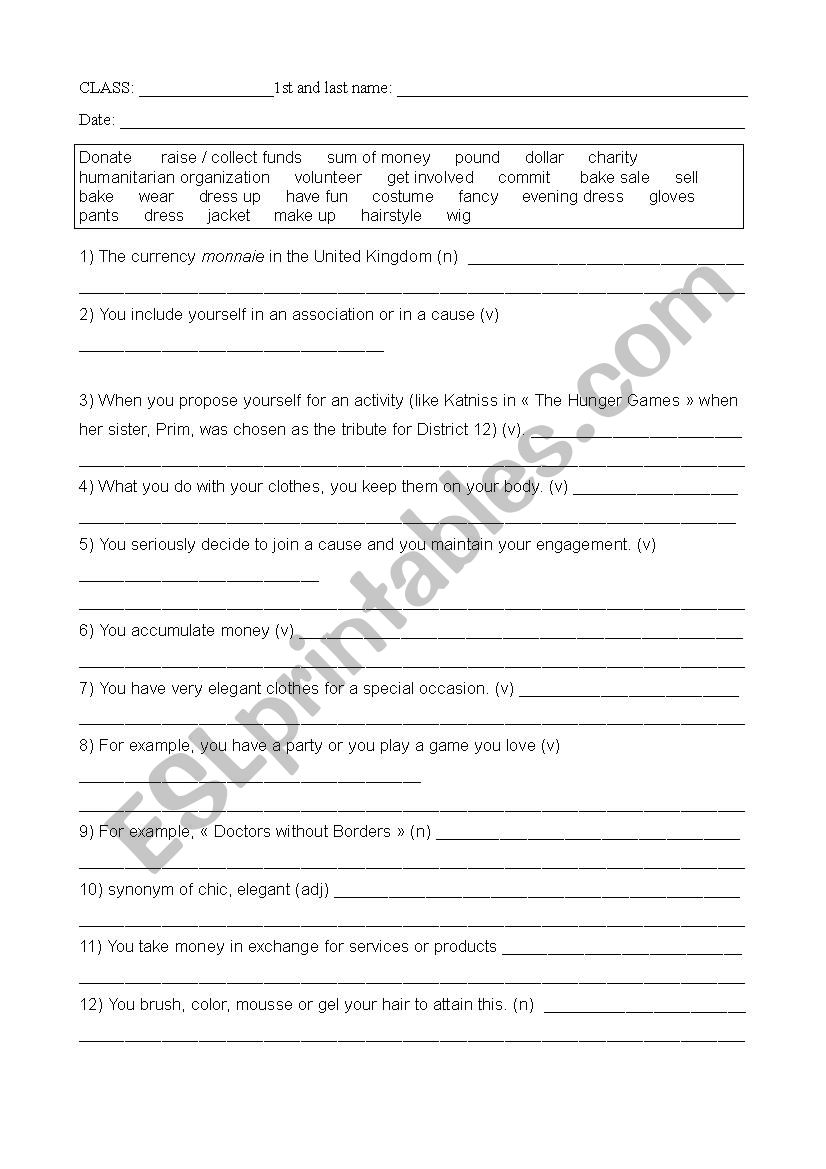 vocabulary exercise for lexical field: chairty week in the UK - ESL ...