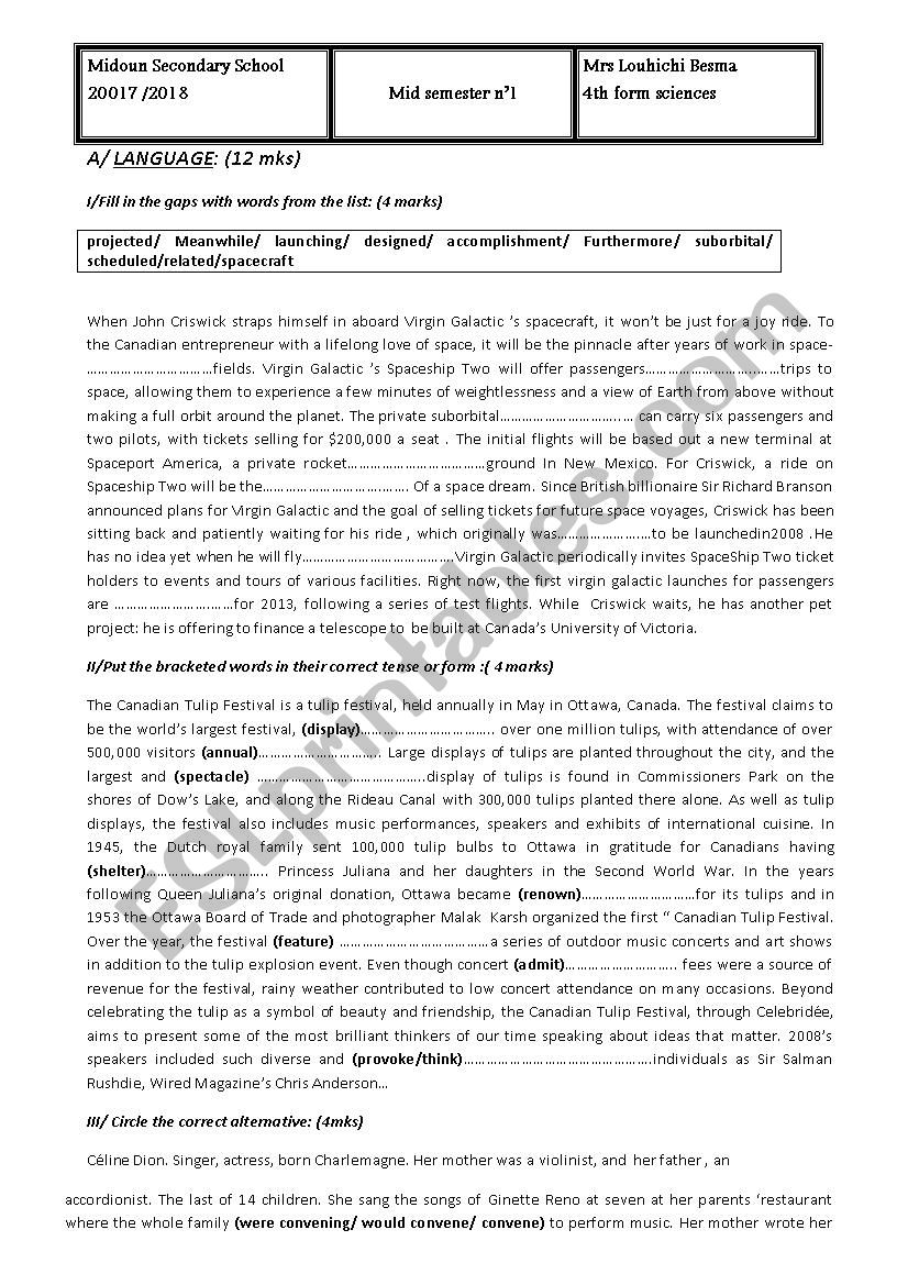 Mid semester n´1 4th form sciences - ESL worksheet by basma.tih