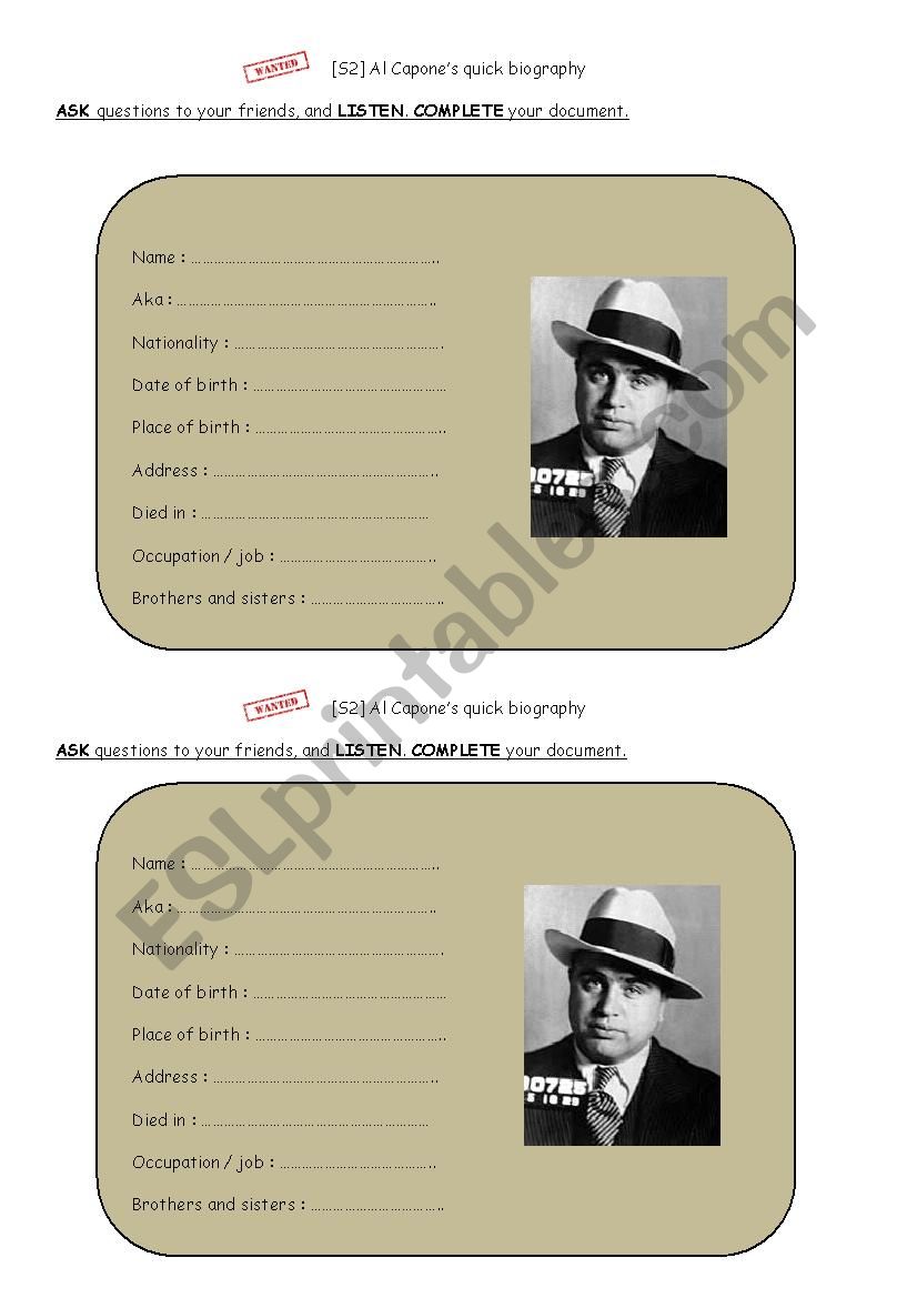 Al Capone´s identity card - ESL worksheet by PierrePaq