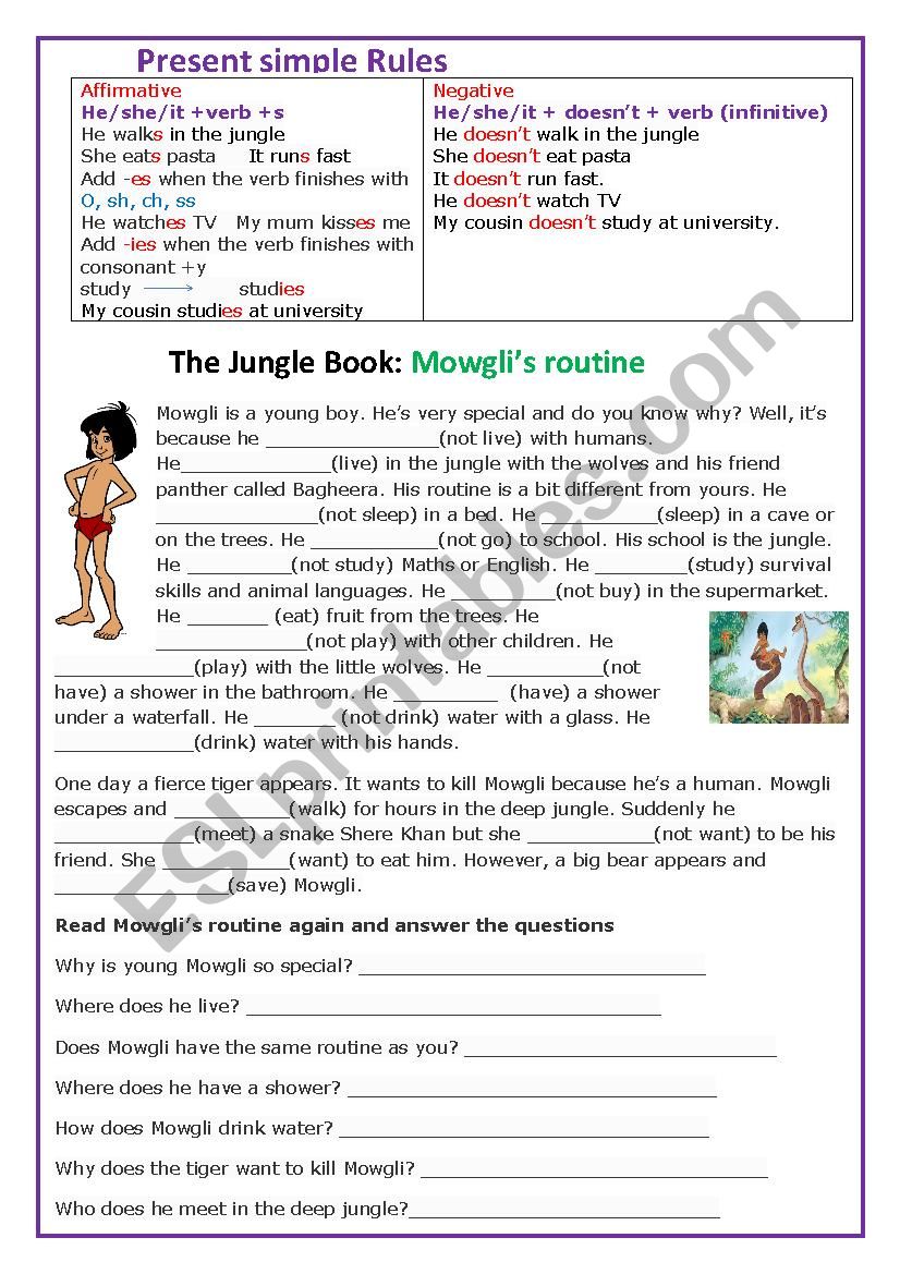 The book of the jungle: Mowgli´s routine - ESL worksheet by stessenspaola