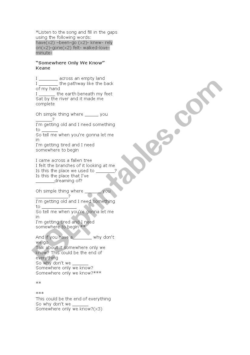 “Somewhere Only We Know” Keane - ESL worksheet by melinaalexandra25