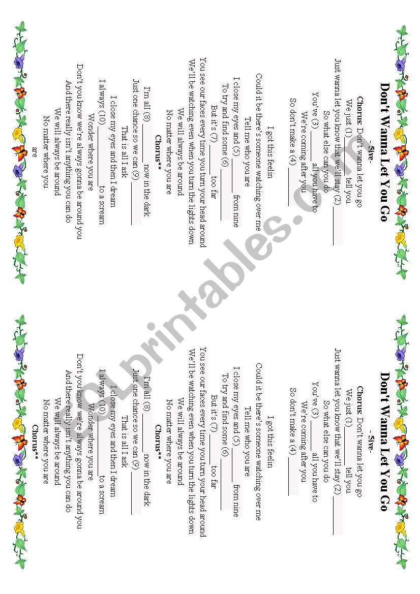 SONG- DON´T WANNA LET YOU GO-FIVE - ESL worksheet by thuyanh_lg1