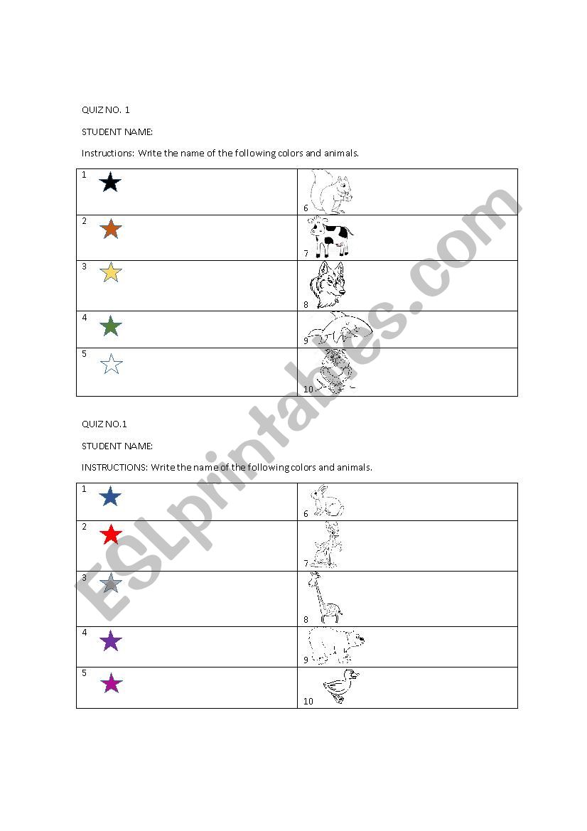 colors and animals test - ESL worksheet by lizgavi