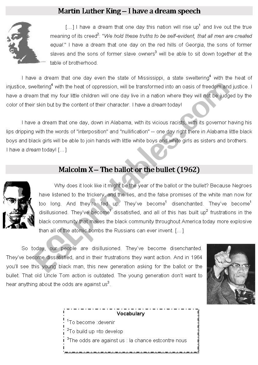 Malcom X´s speech vs Martin Luther King´s speech - ESL worksheet by ...