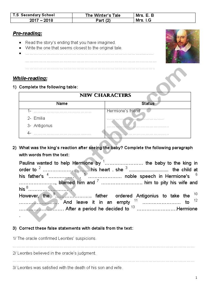 the winter´s tale part 2 - ESL worksheet by pretty barbie