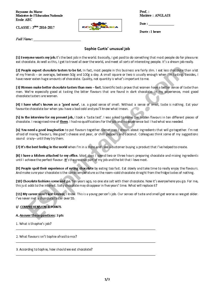 Sophie Curtis´ Unusual Job - ESL worksheet by Brahim55