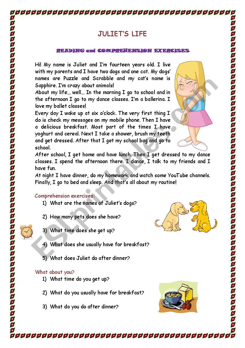 JULIET´S ROUTINE - READING AND COMPREHENSION EXERCISES - ESL worksheet ...