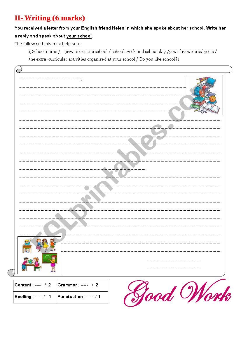 Mid-semester 1 test n°2 8th form - writing part - ESL worksheet by houba