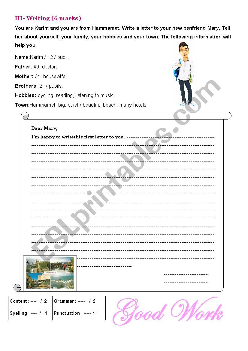 Mid-semester 1 test n°2 7th form- writing part - ESL worksheet by houba