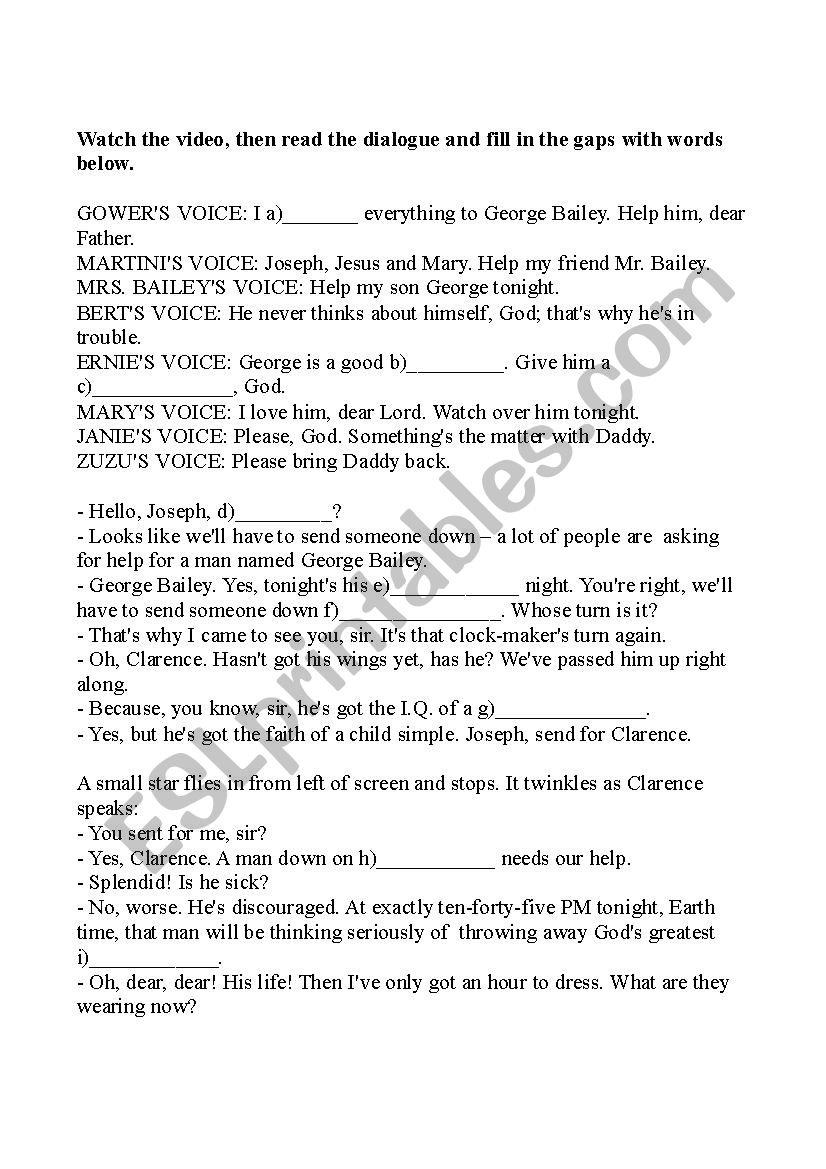 ItÂ´s a wonderful life - Movie worksheet - ESL worksheet by DariaHvozdyk