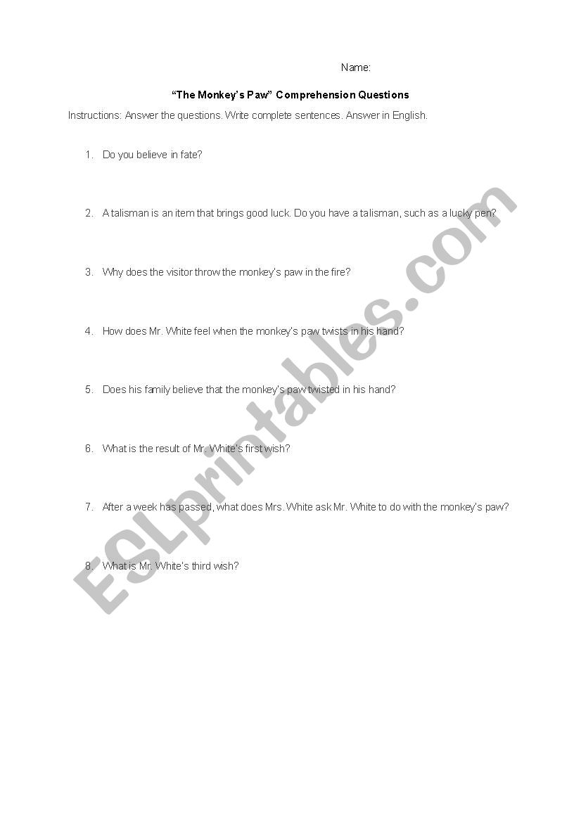 The MonkeyÂ´s Paw Comprehension Questions ELL - ESL worksheet by jmedf2