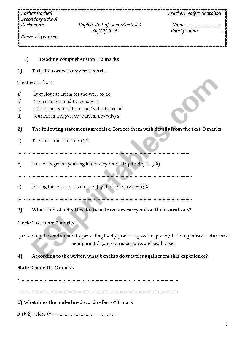 devoir de synthÃ¨se nÂ° 1 bac technique - ESL worksheet by nani and malam