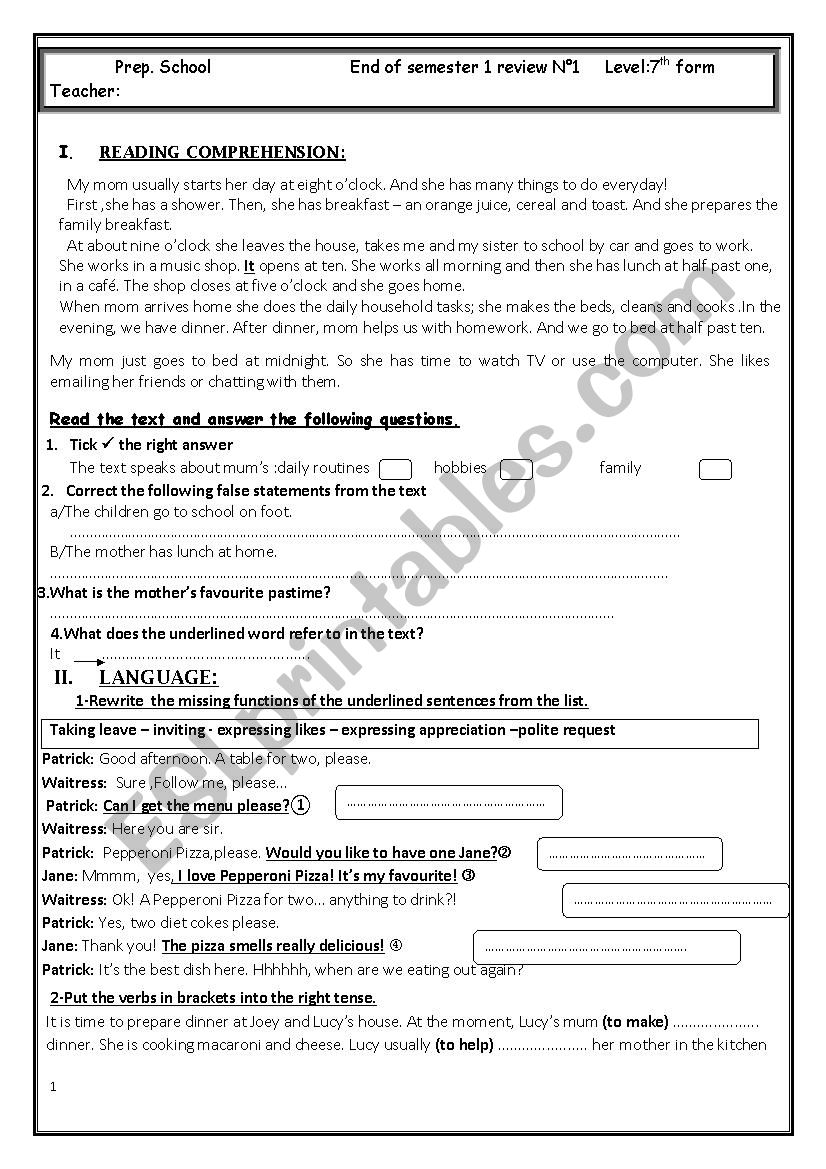 End of semester 1 review n°1 7th form - ESL worksheet by oumaima