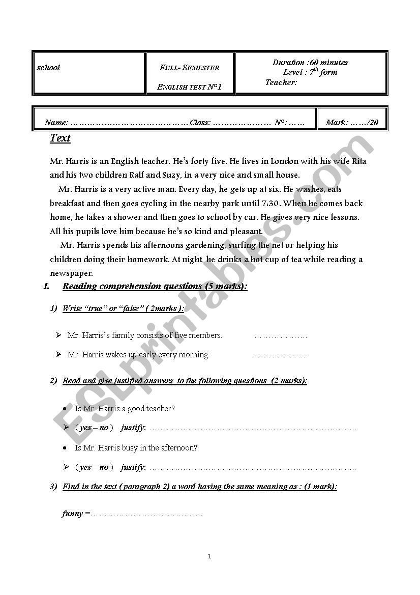 FULL- SEMESTER ENGLISH TEST N°1 - ESL worksheet by mallouli hamdi