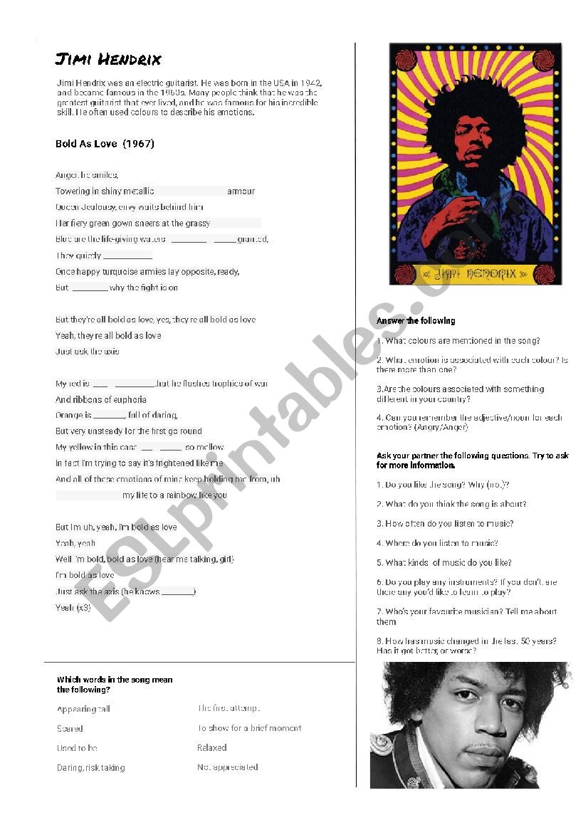 Bold as love- Listening and Speaking exercise - ESL worksheet by Ixaglet