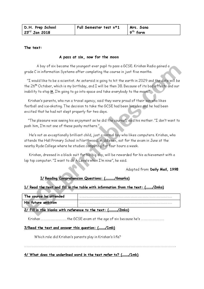Full semester test n°1 - ESL worksheet by oumaimamoslim
