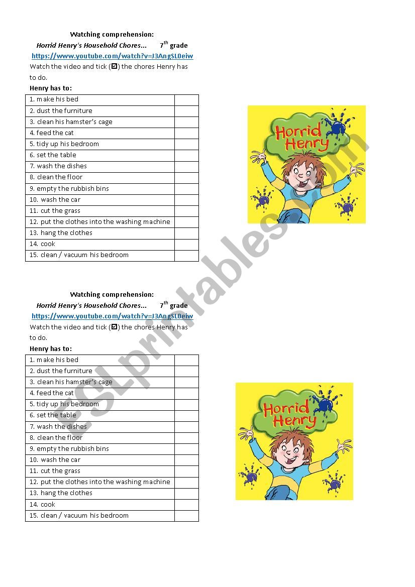 Horrid Henry´s chores - ESL worksheet by inesbotelho