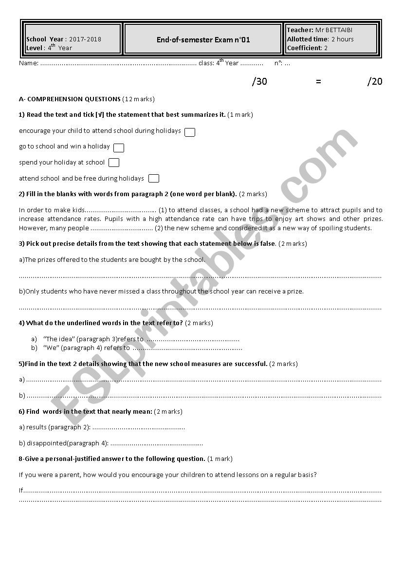 End-of-semester Exam n°01 BAC - ESL worksheet by Ben muhammad